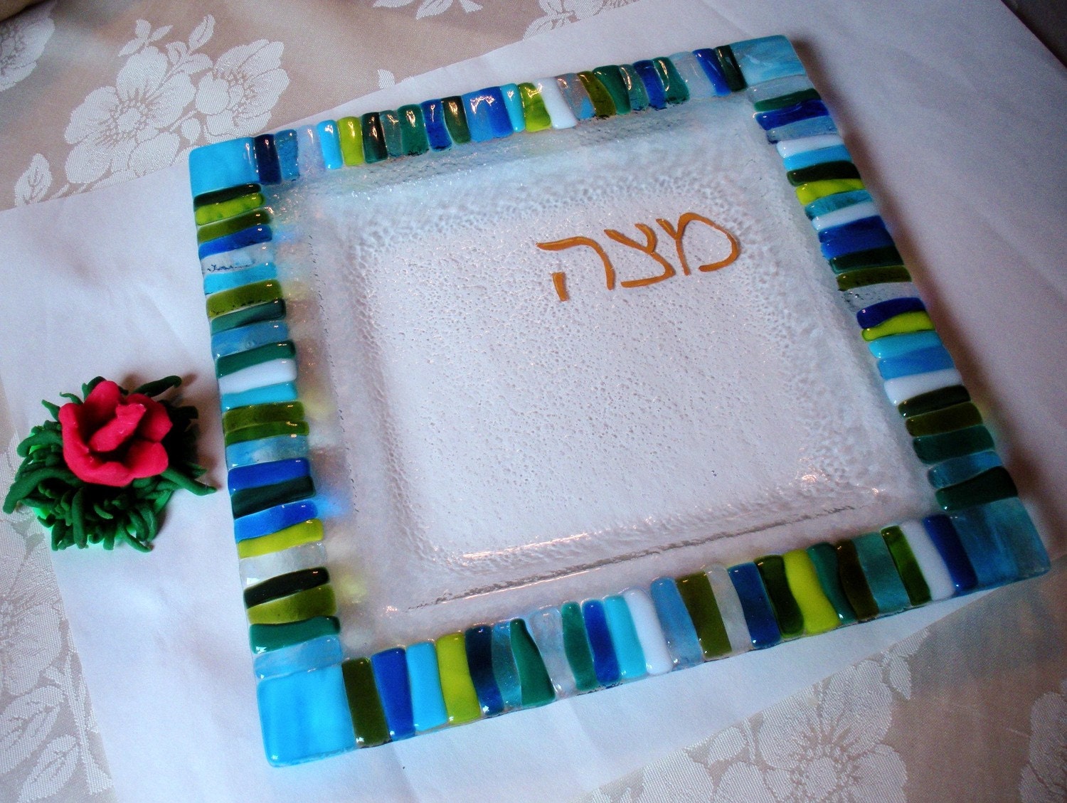 Mosaic Glass Fused Matzah Plate, Passover Seder Hostess Gift, Square ...