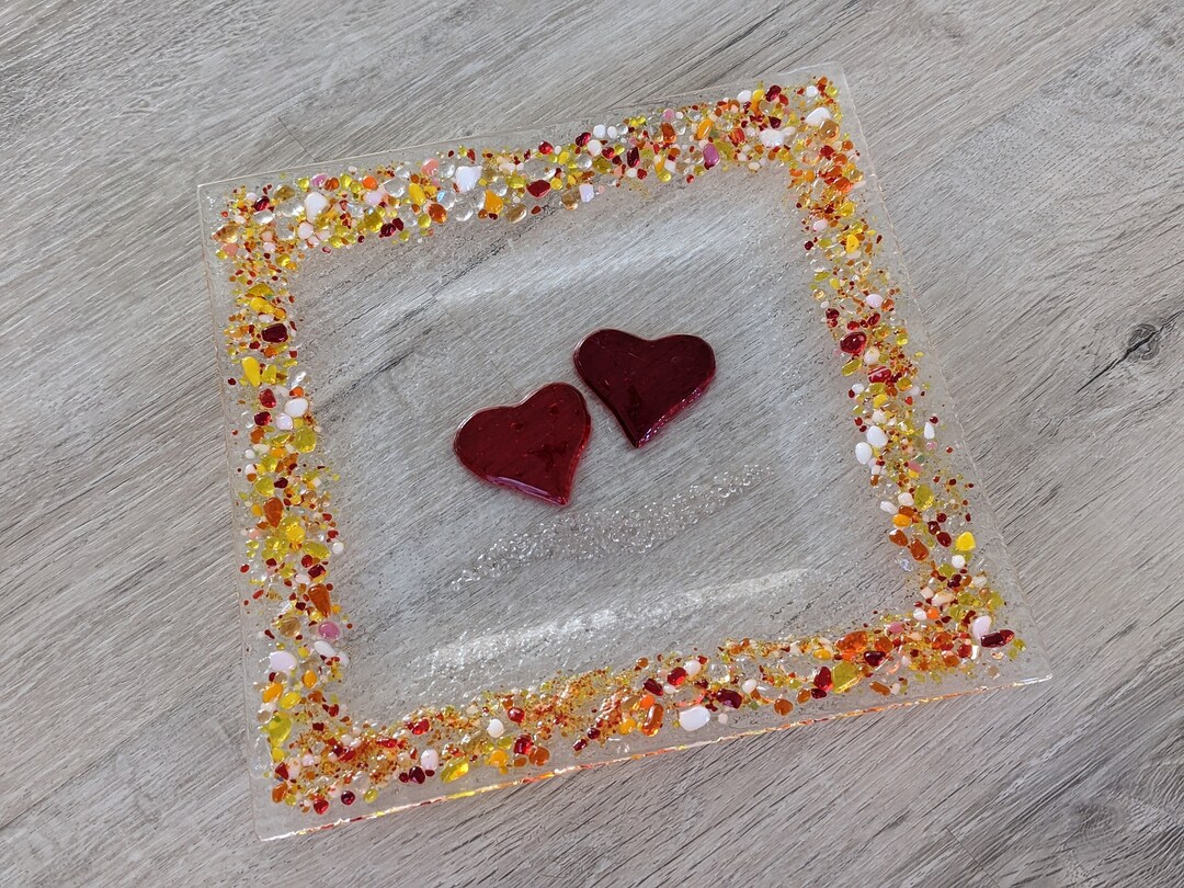 Happy Valentine Colorful Shards Frame With Two Hearts Glass Fused ...