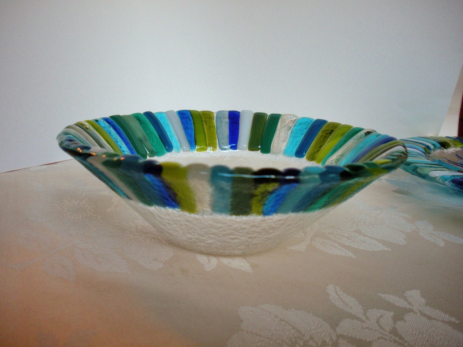 Mosaic Blue and Green Stripes Glass Fused Haroseth Bowl, Passover ...