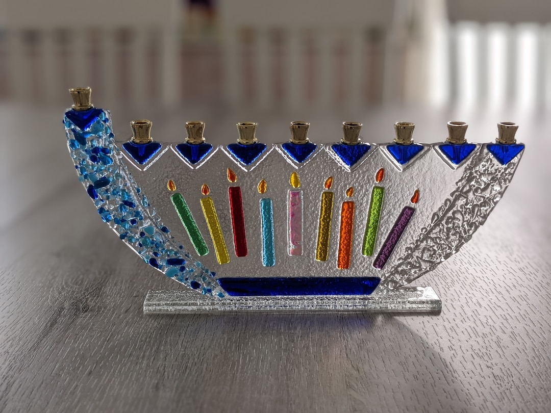Hanukkah Candles Glass Fused Menorah, Jewish Wedding Gift, Colorful ...