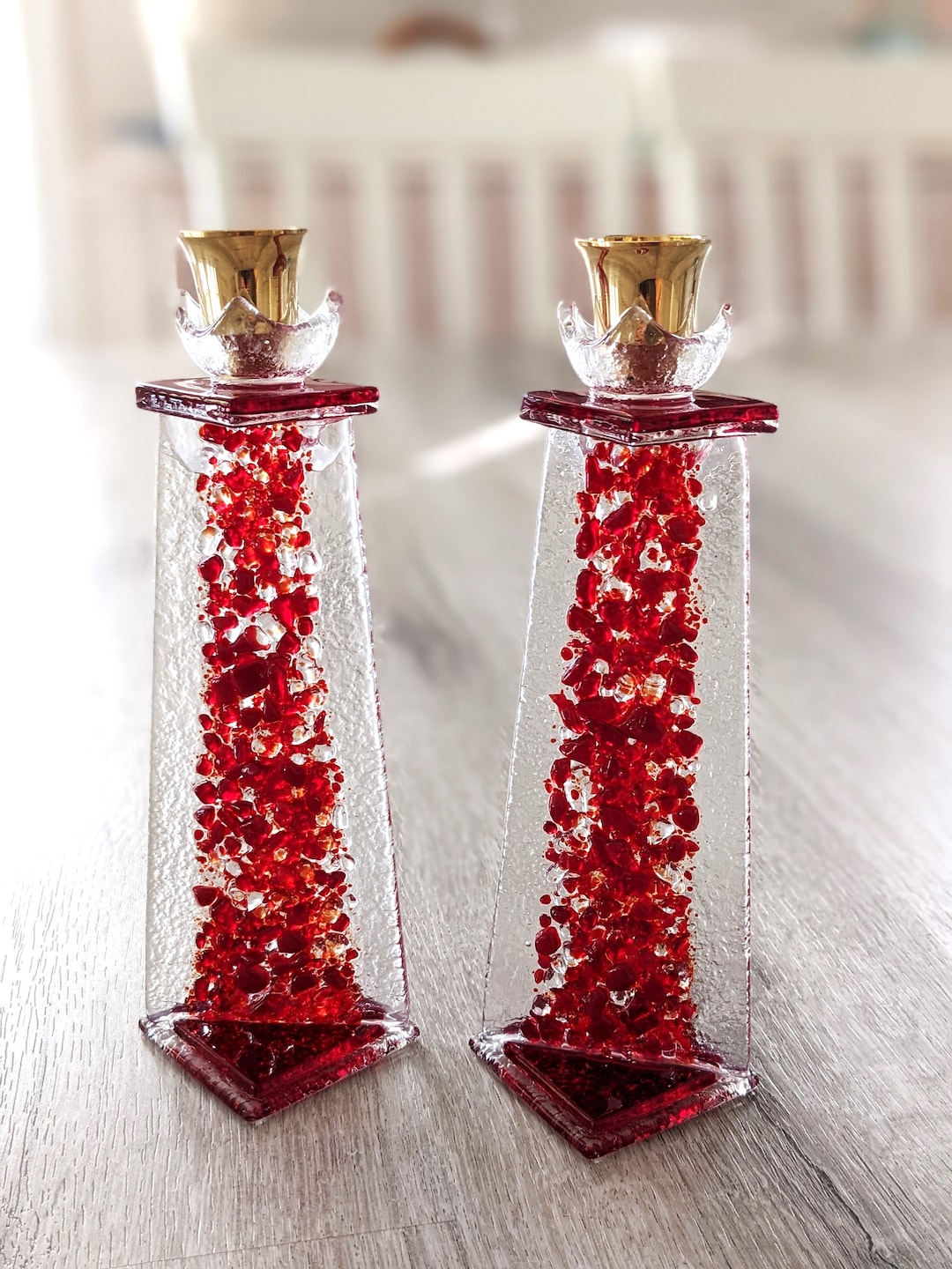 Red Shards Shabbat Candle Sticks, Sabbath Upright Glass Candle Holders ...