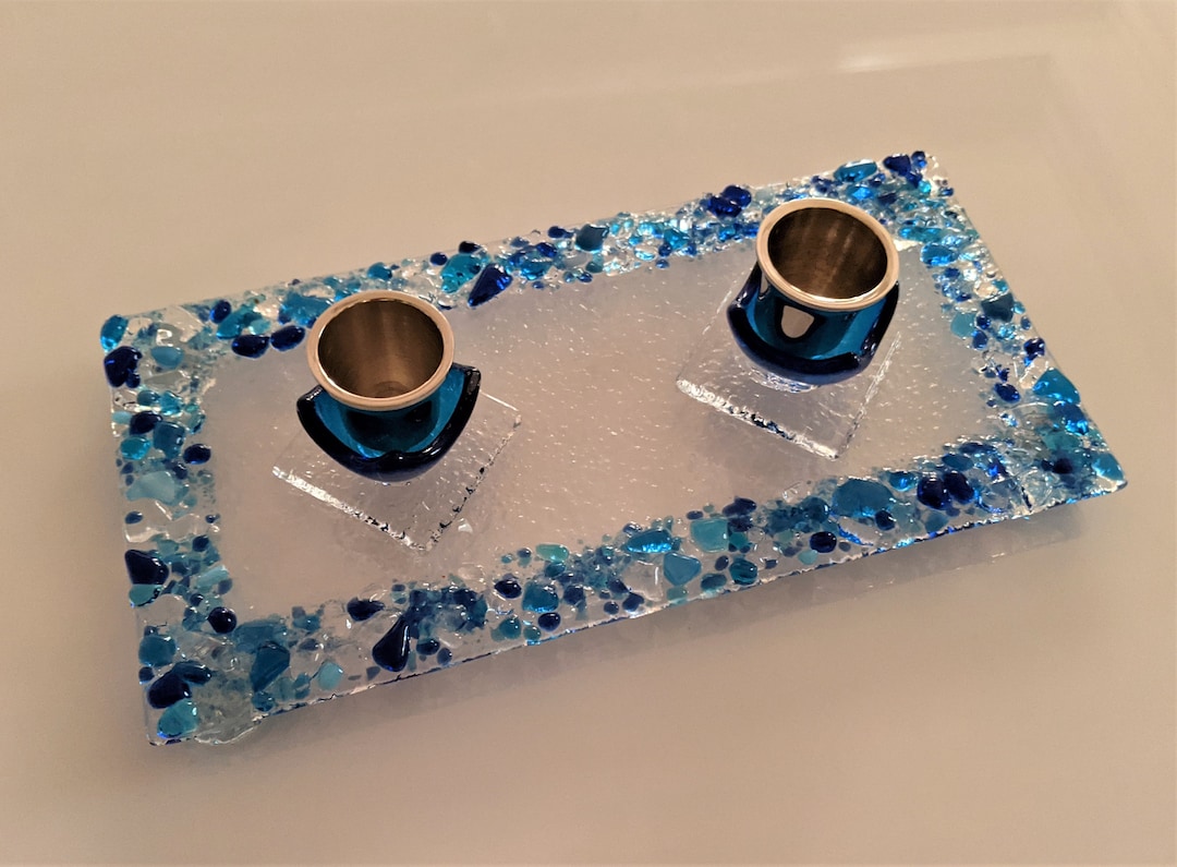 Blue Shards Shabbat Candle Holder in Blue Shades, Jewish Woman Gift Bat ...