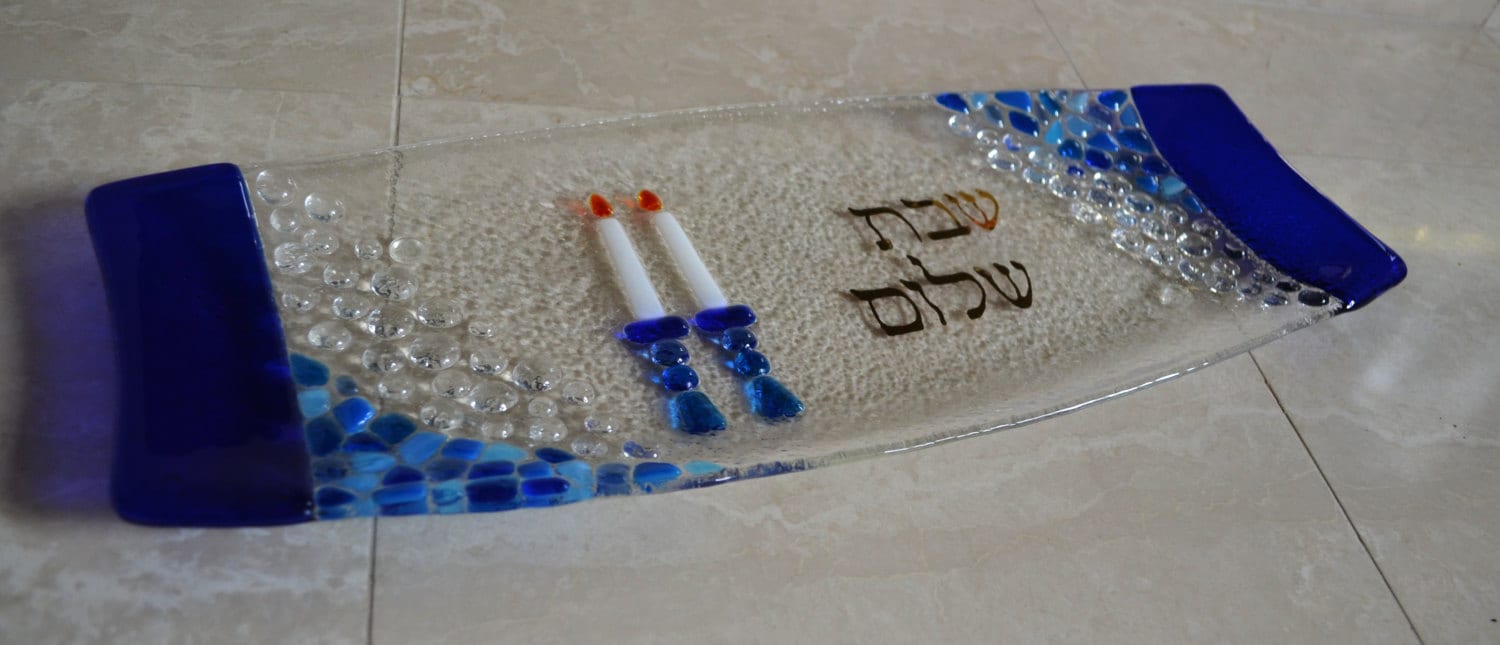 Shabbat Shalom Challah Glass Fused Plate in Blue Shades - Etsy