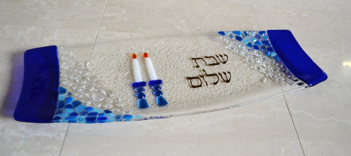 Shabbat Shalom Challah Glass Fused Plate in Blue Shades | Etsy