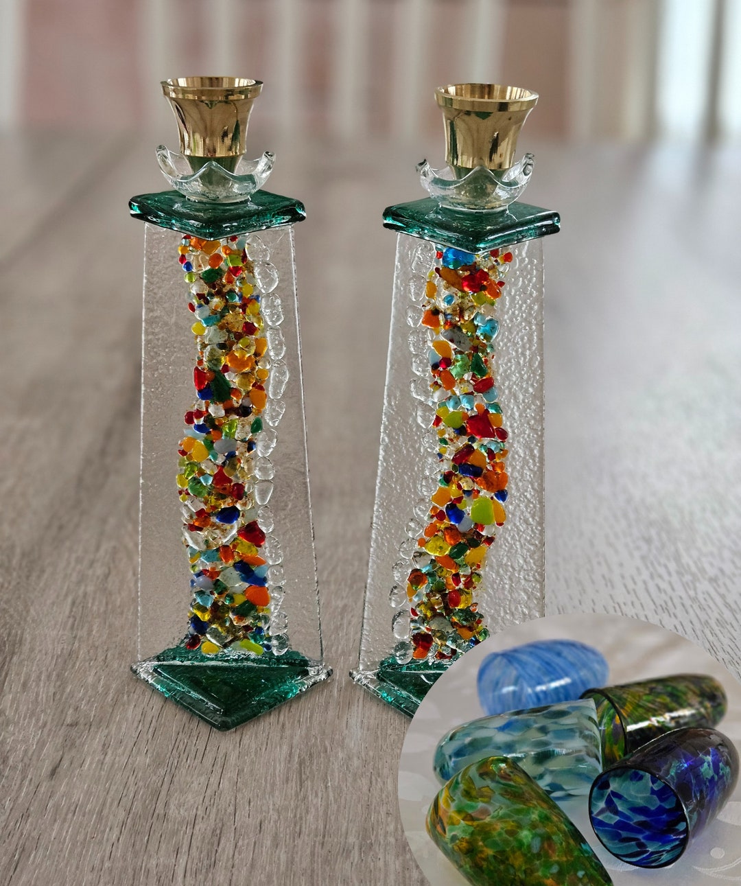 Colorful Shards Crushed Wedding Glass Shabbat Candlesticks & Chuppah ...
