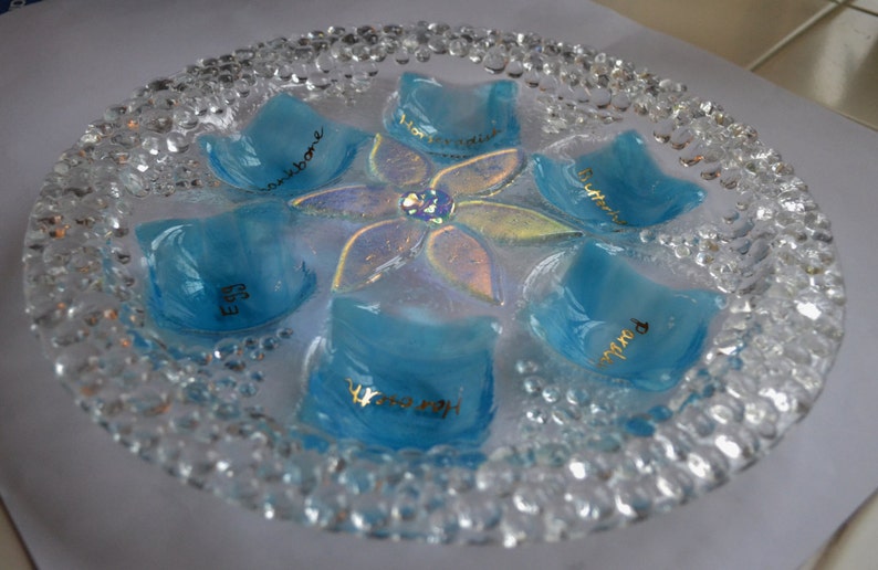 Clear Diamonds Glass Fused Seder Plate in Light Blue English | Etsy