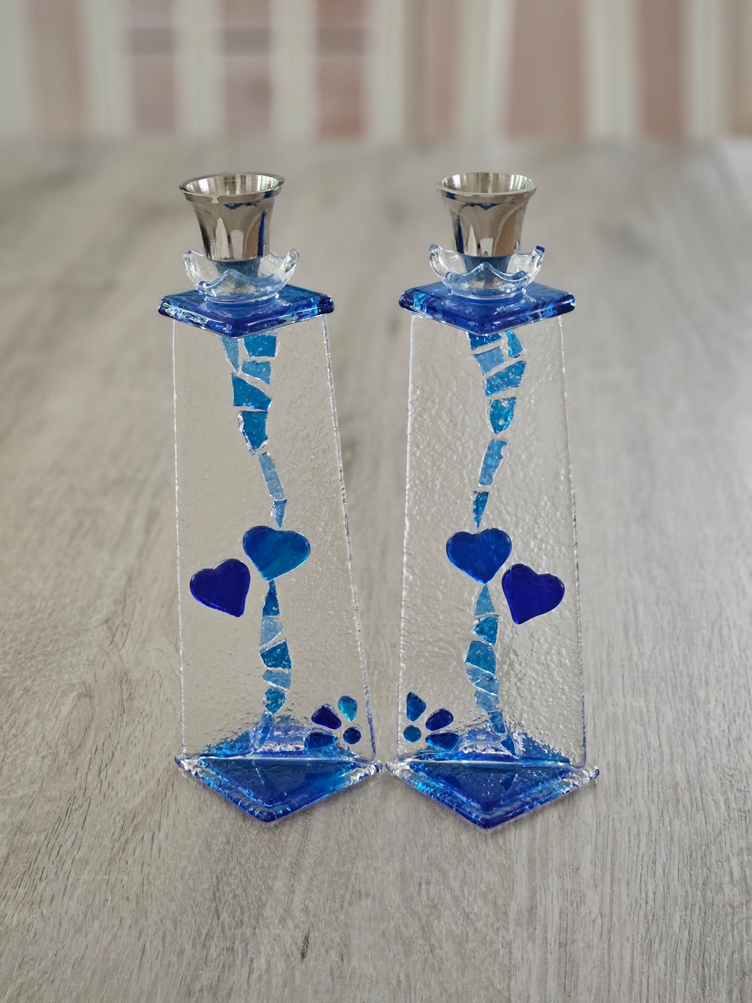 Two Hearts Wedding Shards Shabbat Candle Sticks, Chuppah Glass Shards ...