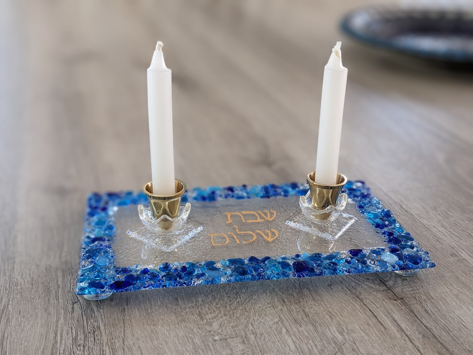 Shabbat Shalom Blue Shards Candle Holder Jewish Woman Gift Bat Mitzvah ...