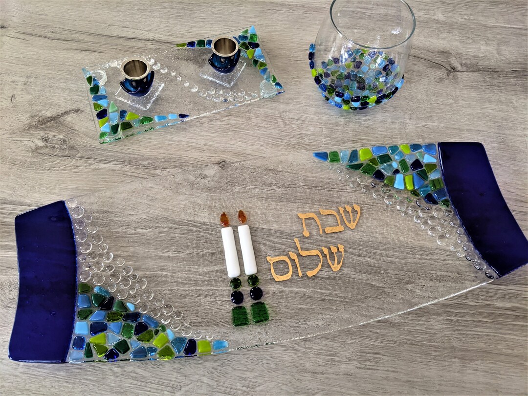 Jewish Wedding Shabbat Set, Challah Plate, Candleholder and Kiddush Cup ...