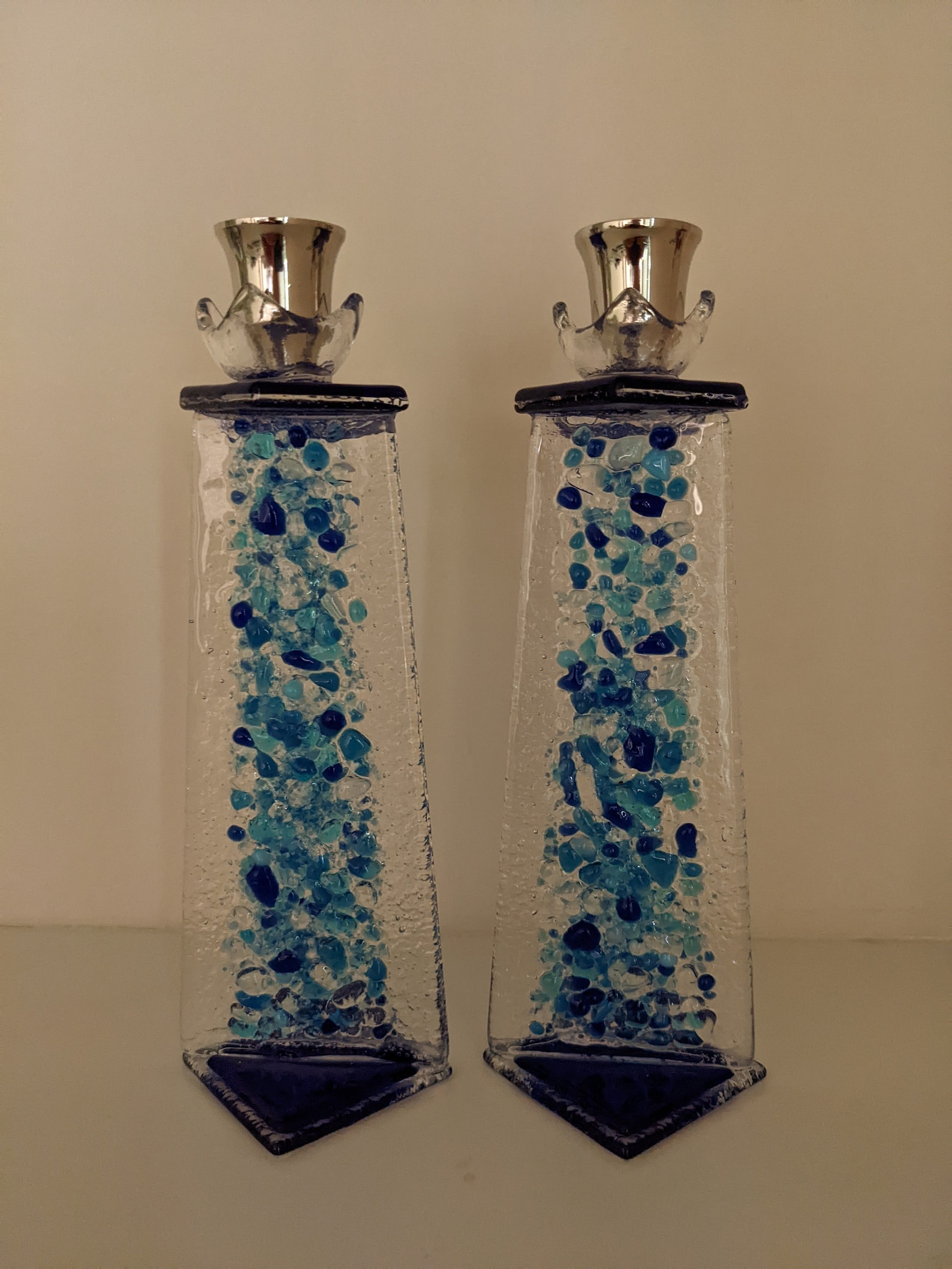 Blue Shards Shabbat Candle Sticks, Sabbath Upright Glass Candle Holders ...