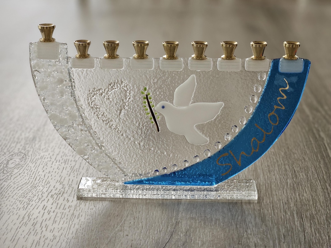 Shalom Menorah Peace Dove Hanukkah Glass Fused Menorah Jewish Wedding ...