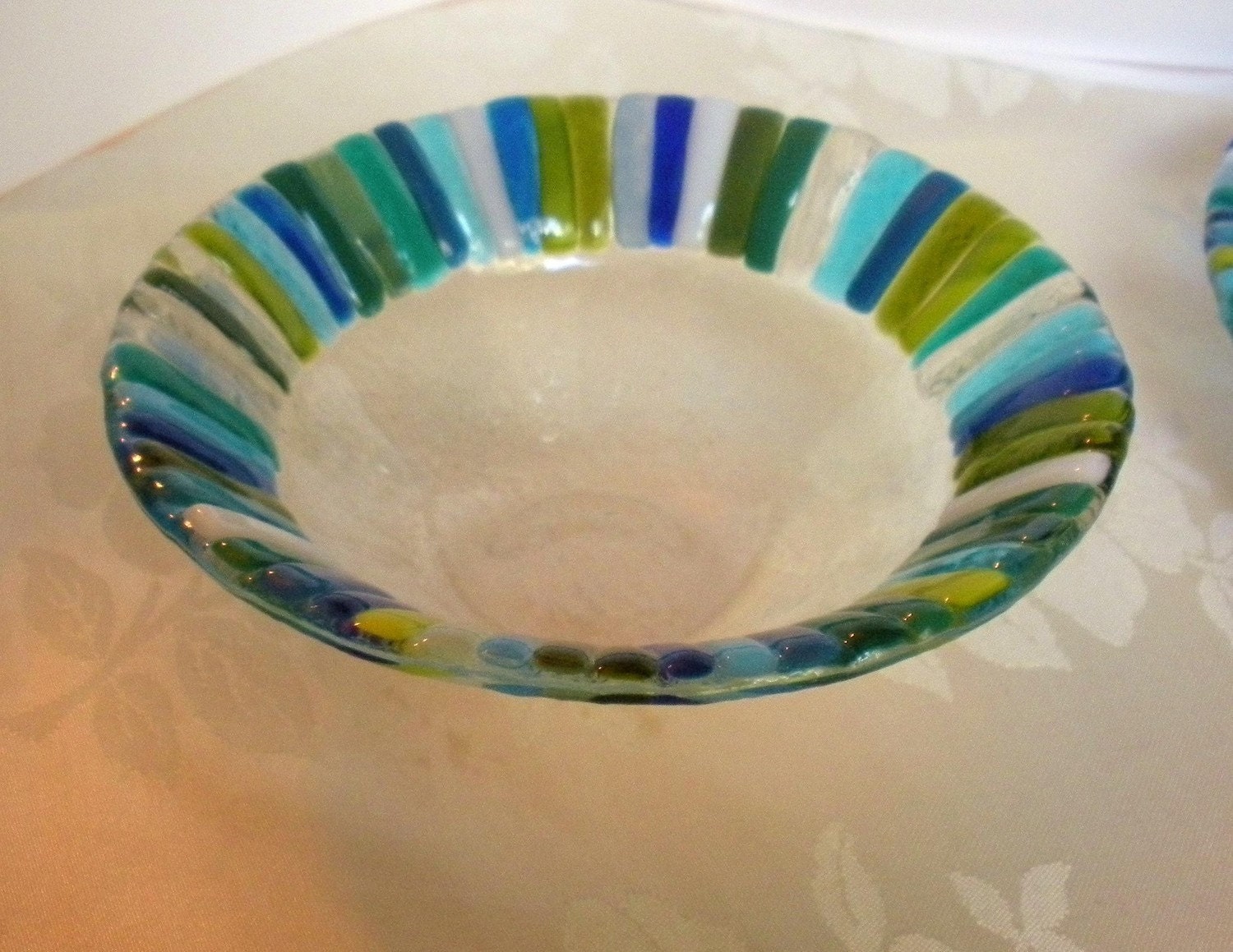Mosaic Blue and Green Stripes Glass Fused Haroseth Bowl, Passover ...