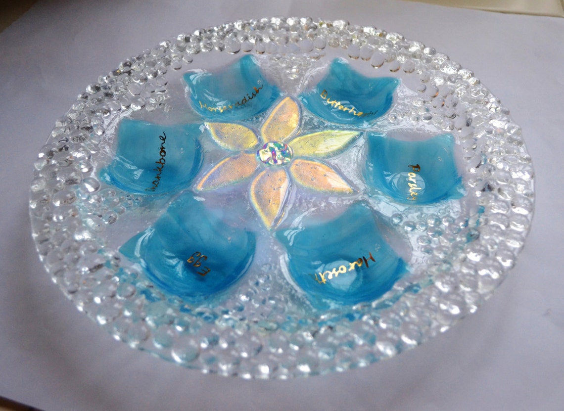 Clear Diamonds Glass Fused Seder Plate in Light Blue English | Etsy