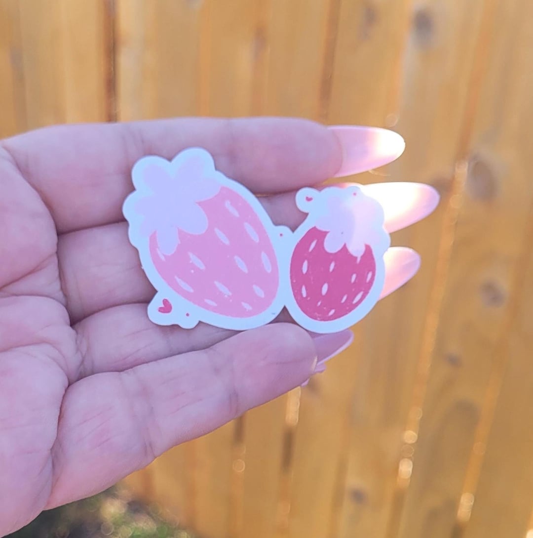 Cute Pink Strawberry Sticker With Hearts - Matte Vinyl Deco Strawberry ...