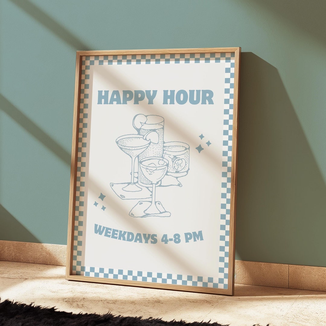 Retro Happy Hour Poster | Vintage Bar Cart Wall Art | Cafe Shop Sign ...