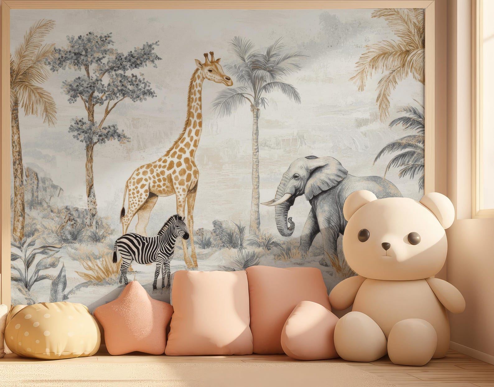 Safari Animal Adventure Wallpaper Giraffes, Elephants, Zebras, and Palm ...