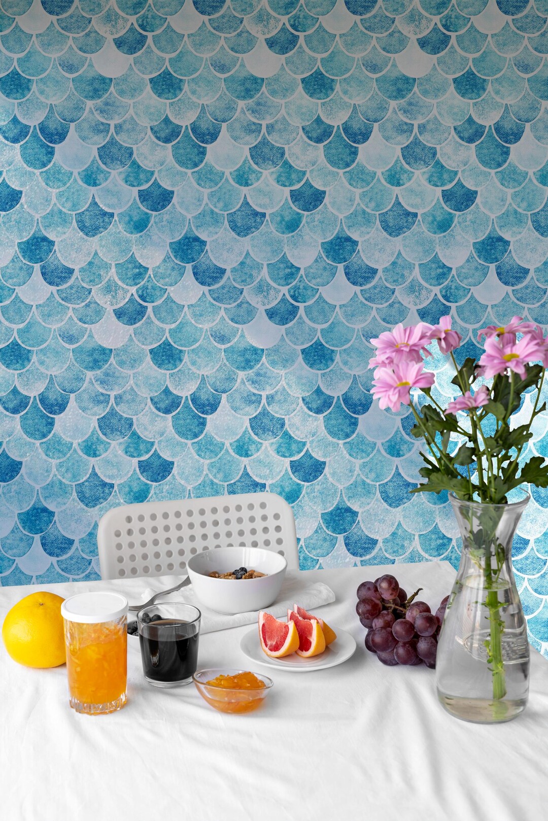 Ocean Blue Mermaid Scale Wallpaper - Vibrant Bathroom & Kitchen Wall ...