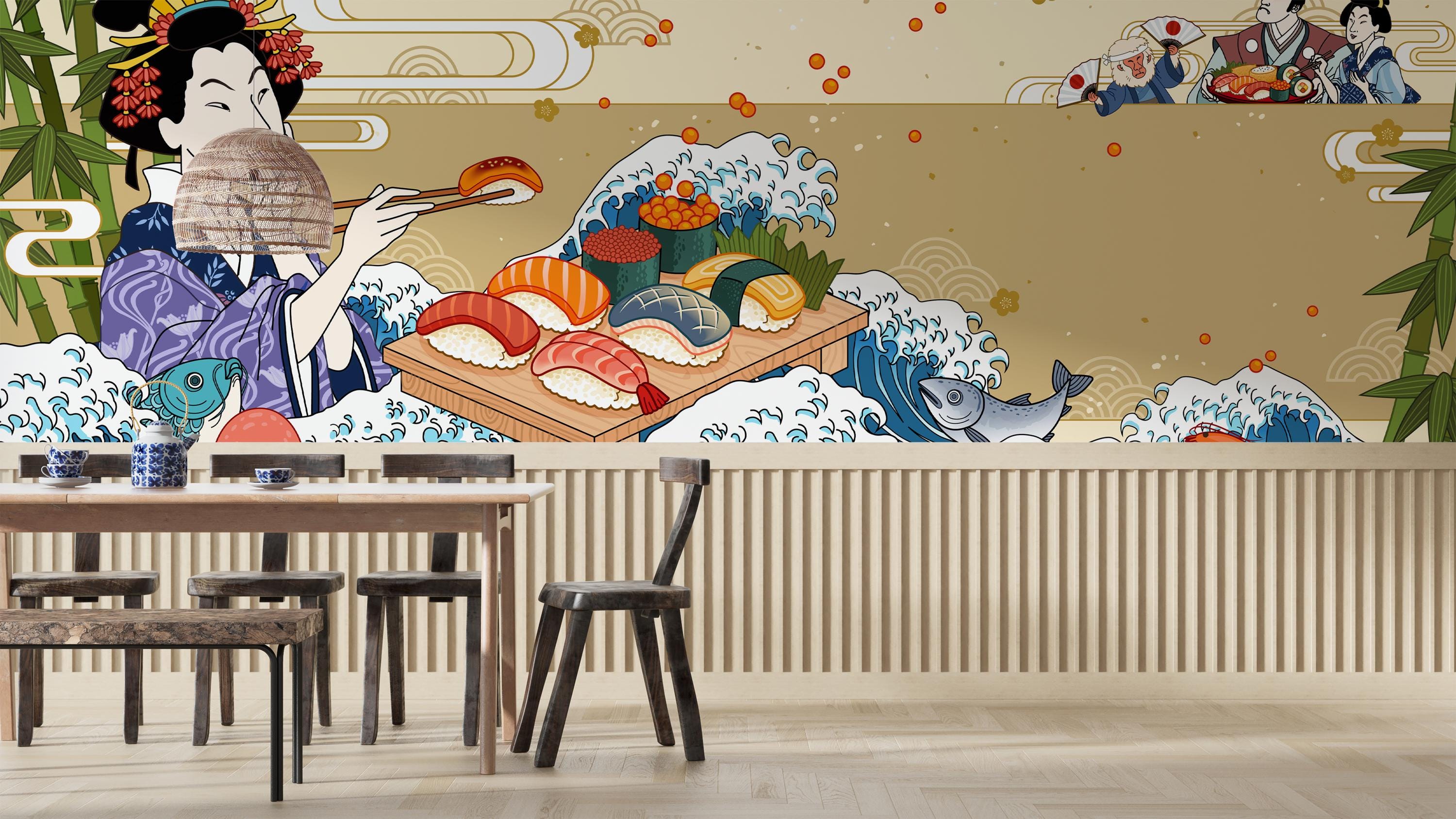 Japanese Art Wallpaper - Sushi and Wave Design - Modern and Traditional ...