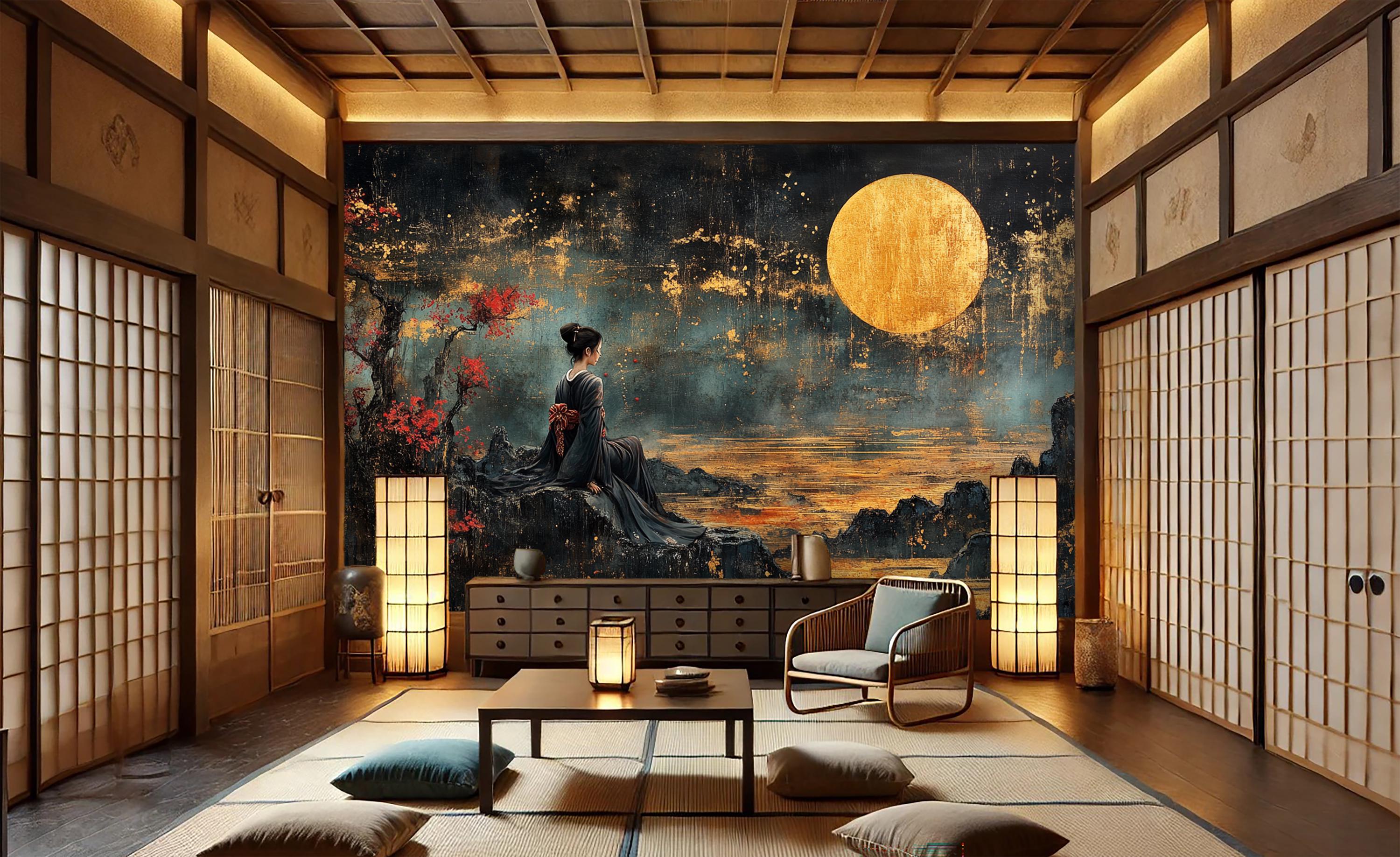 Golden Moon Geisha Wallpaper Mural: Japanese Landscape Art, Removable ...