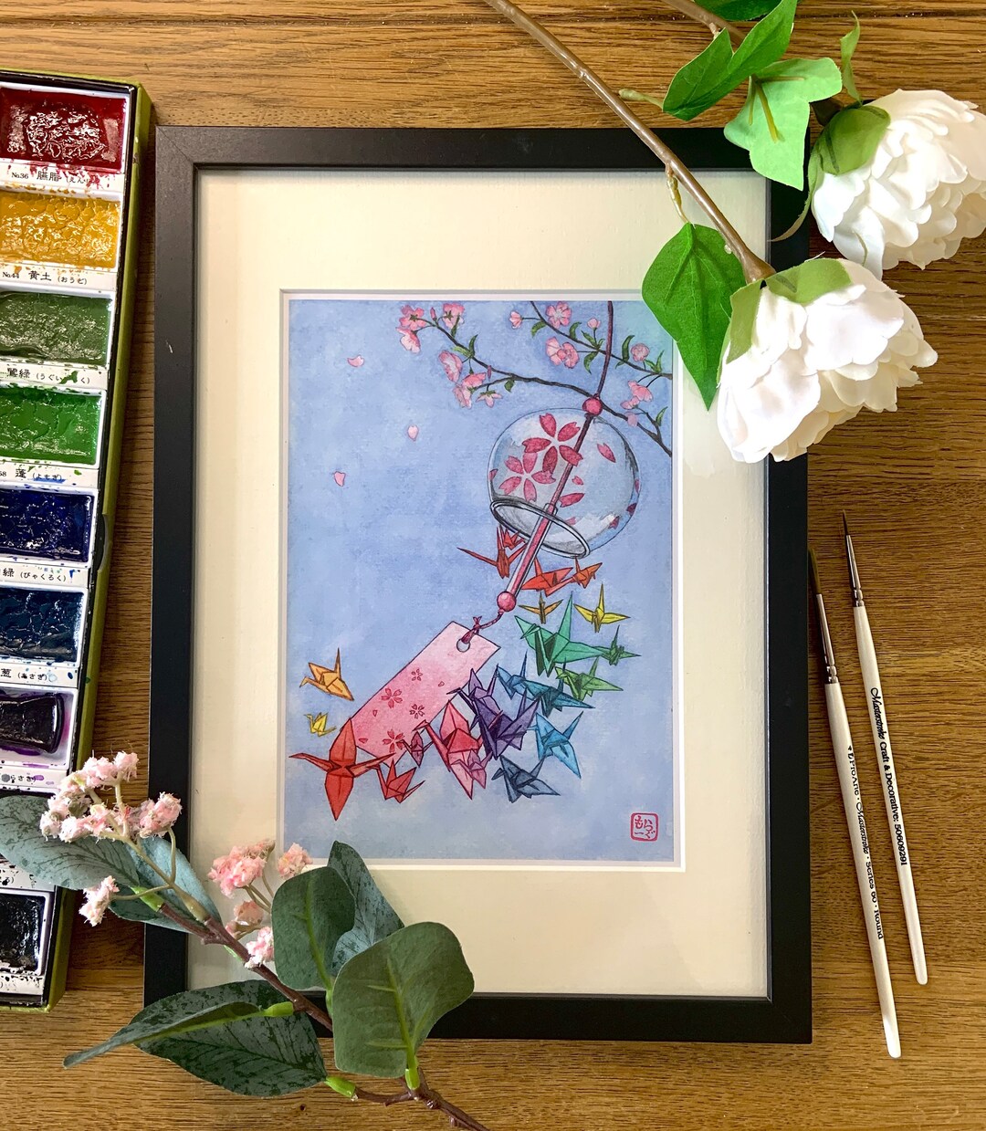 Furin Wind Chime & Origami Crane Watercolour Art Print Home Decor A4/A5 ...