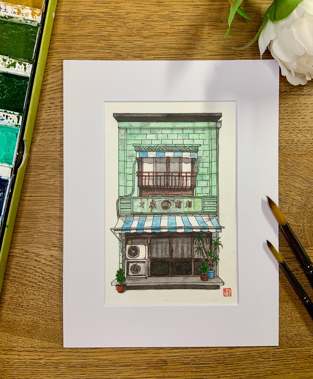 Green Tokyo Japanese Storefront Watercolour Art Print Home Decor A6 ...