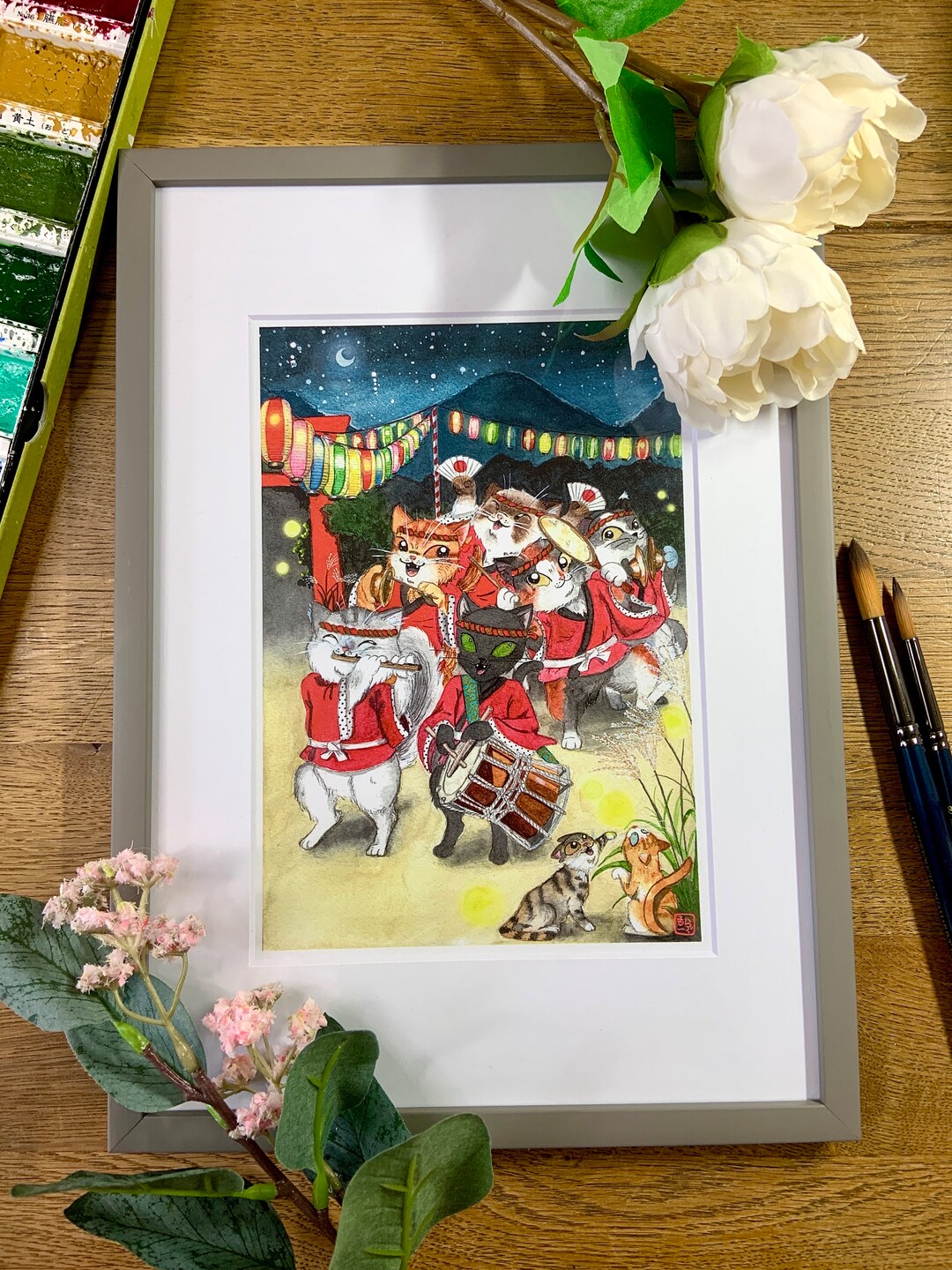 Japanese Taiko Cat Watercolor Painting Art A4 Mounted Giclee Giclee ...