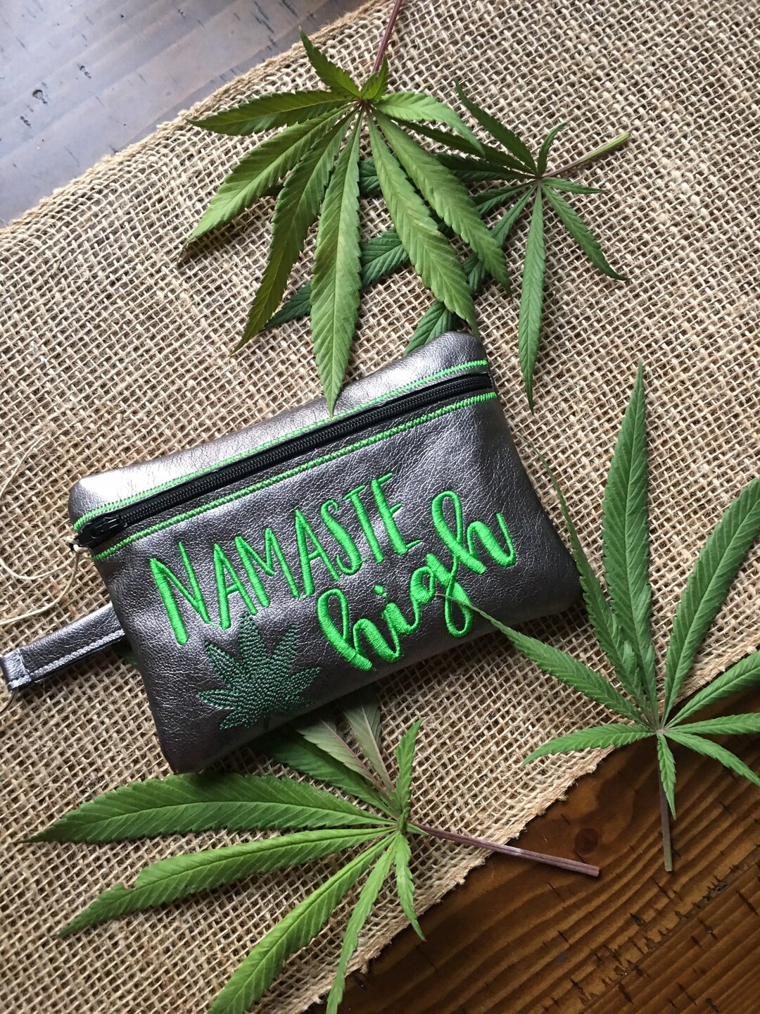 Embroidered Cannabis Zip Bag – Silver Vinyl "namaste High" Pouch - Etsy