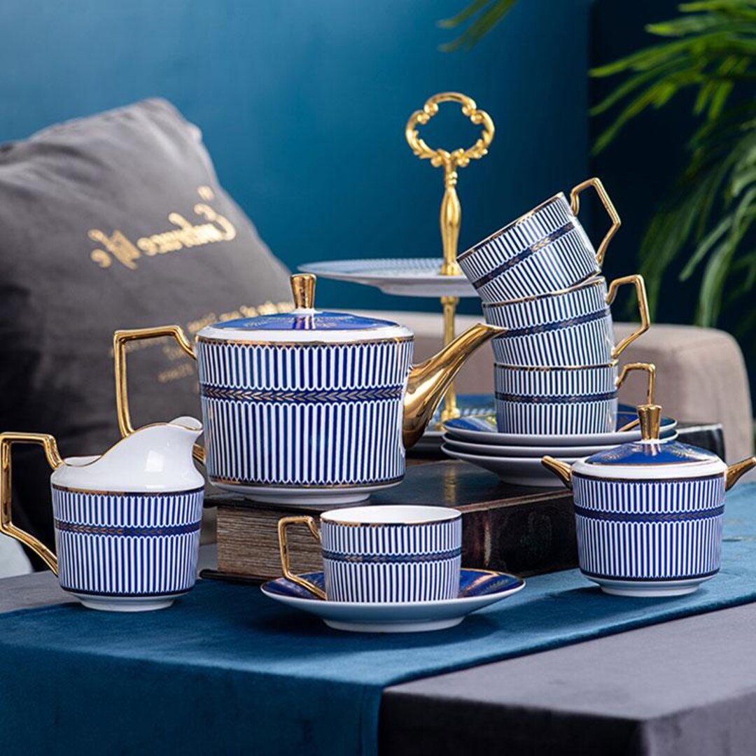 Blue Striped Ceramic Tea Set: English Afternoon Coffee Set - Etsy UK