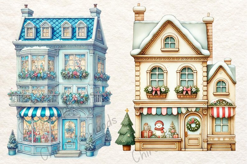 Christmas Shops Watercolor Clipart, Festive Holiday Market ...