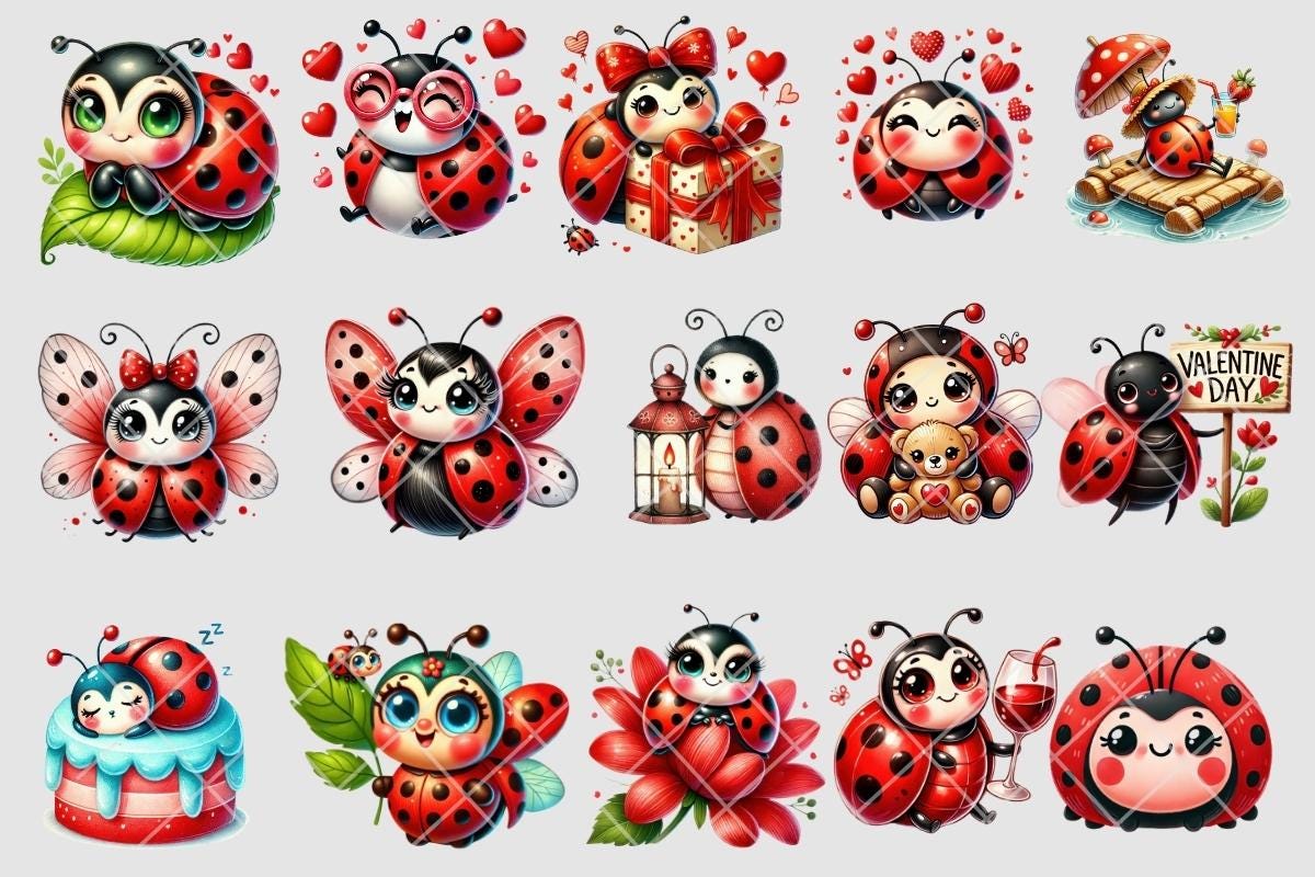 Valentine Ladybug Clipart Set, Cute Bug Illustrations (digital Download ...