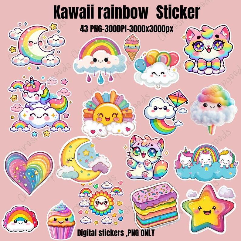Kawaii Rainbow Sticker, Cute Digital Stickers PNG, Pastel Aesthetic ...