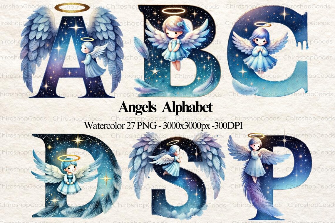 Angels Alphabet Watercolor Clipart: Celestial Starry Letters (PNG ...