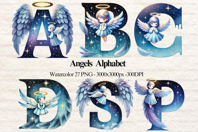 Angels Alphabet Watercolor Clipart, Celestial Letters, PNG, Angel Wings ...