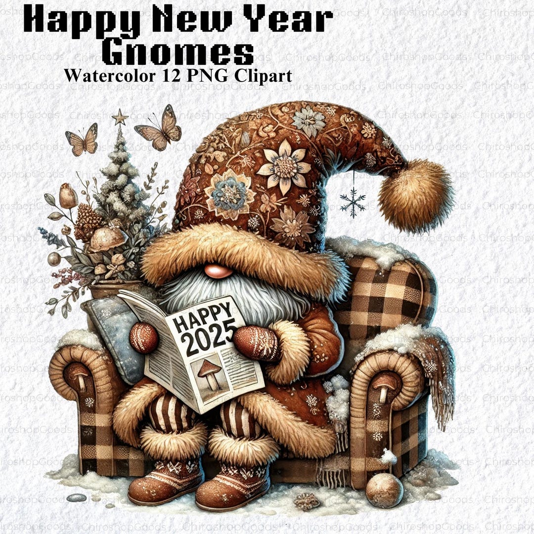 Happy New Year, Gnome Clipart, Watercolor, Festive Gnome, New Year ...