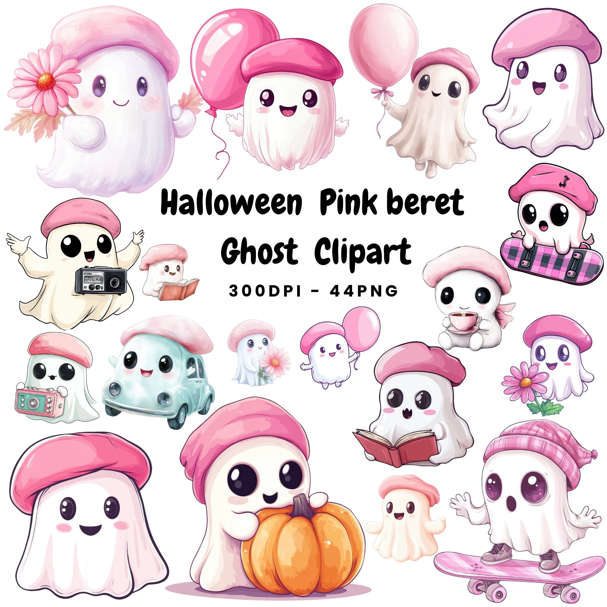 Halloween Ghosts Clipart, Cute Ghosts, PNG, Pink Beret,ghost,cartoon ...
