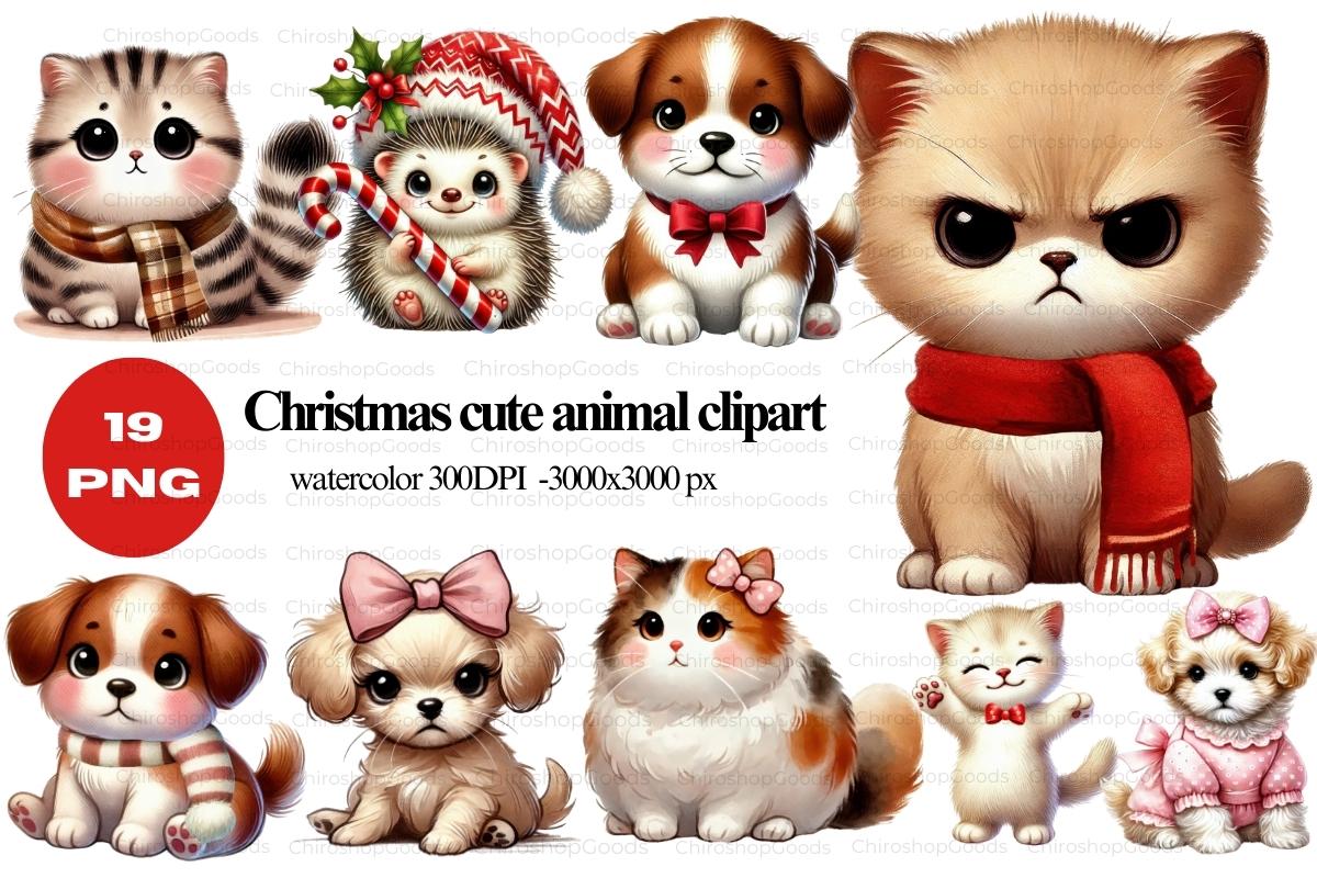 Christmas Animal Clipart, Watercolor Holiday Animals, Cute Christmas ...