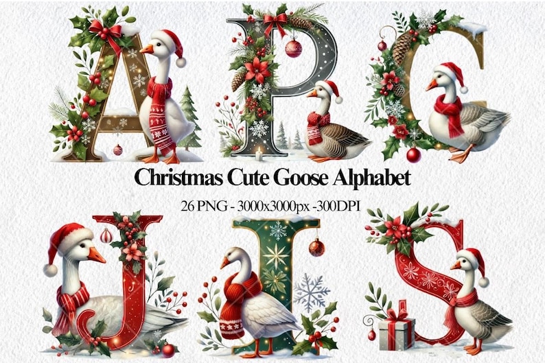 Christmas Goose Alphabet Clipart: Festive Holiday Pngs (digital ...
