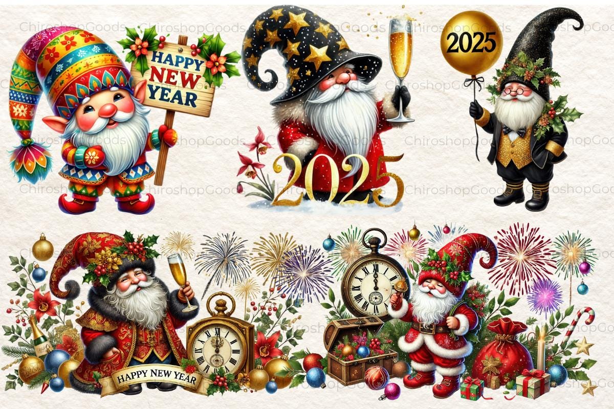 Happy New Year Gnomes Clipart, New Year, Watercolor PNG Images, Festive ...