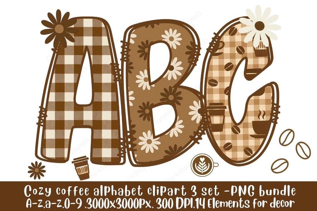 Coffee Alphabet Clipart PNG Bundle: Rustic Gingham Floral Letters ...