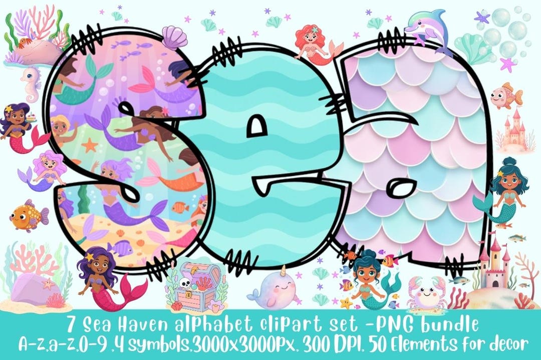 Sea Haven Mermaid Alphabet Clipart Set PNG Bundle With Letters Numbers ...