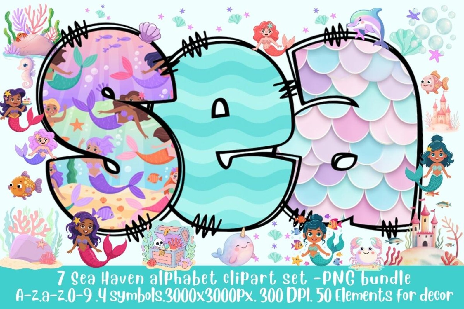 Sea Haven Mermaid Alphabet Clipart Set PNG Bundle With Letters Numbers ...
