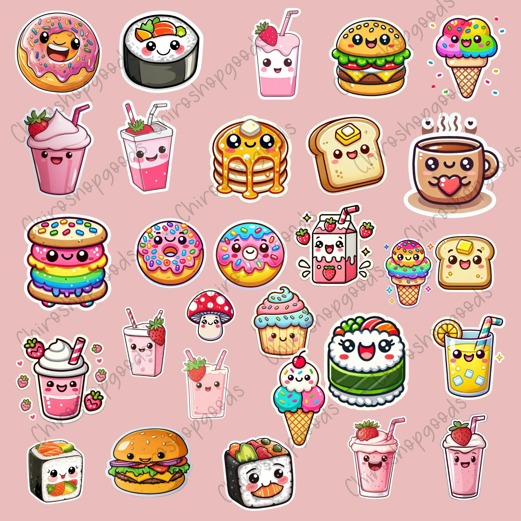 Cute Food and Drink Digital Stickers Pack, 30 PNG Files, 300 DPI Kawaii ...