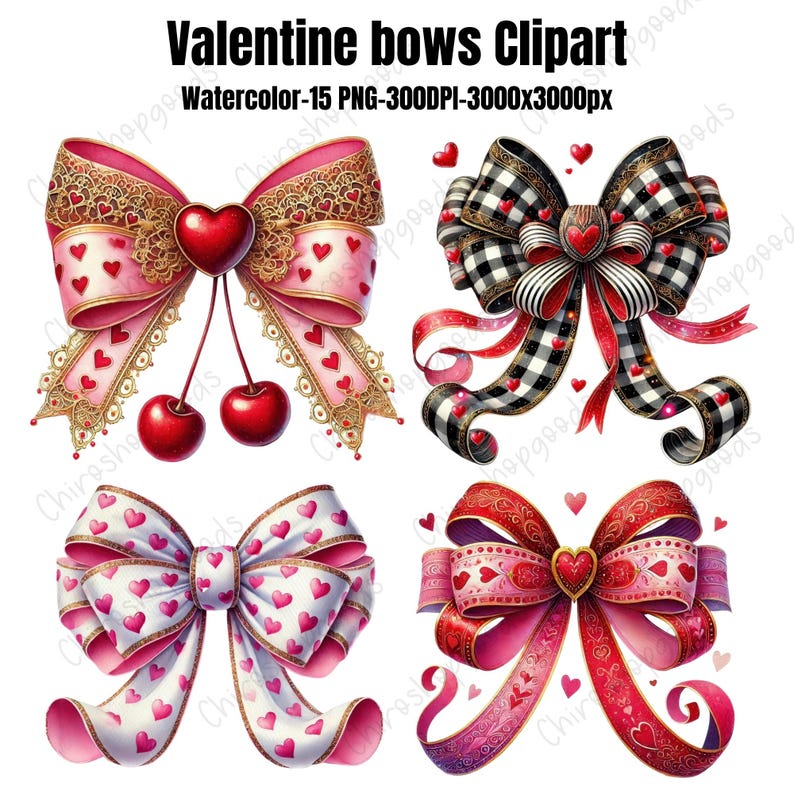 Valentine Bows Clipart Bundle, Love, Watercolor Bow Illustrations, 15 ...