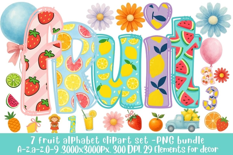 Fruit Alphabet Clipart Set PNG Bundle, 7 Watercolor Fruit Letters and ...