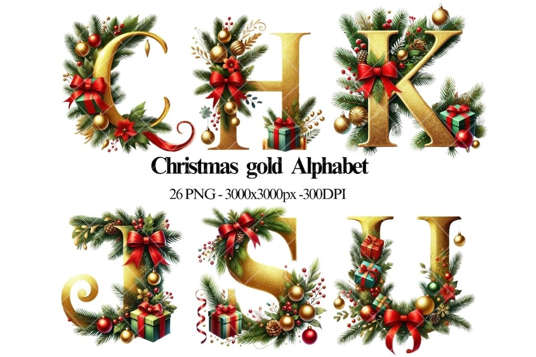 Christmas Gold Alphabet, Holiday Alphabet Letters, Xmas Monogram ...