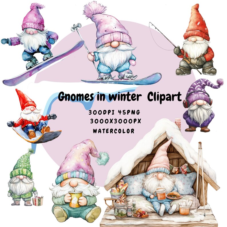Watercolor Gnome 45 PNG Clipart : Cute Gnome in Winter, Gnome Clipart ...