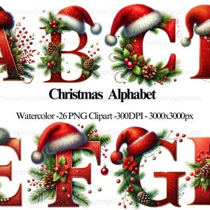 Christmas Watercolor Alphabet Clipart: Red Festive Letters (digital ...