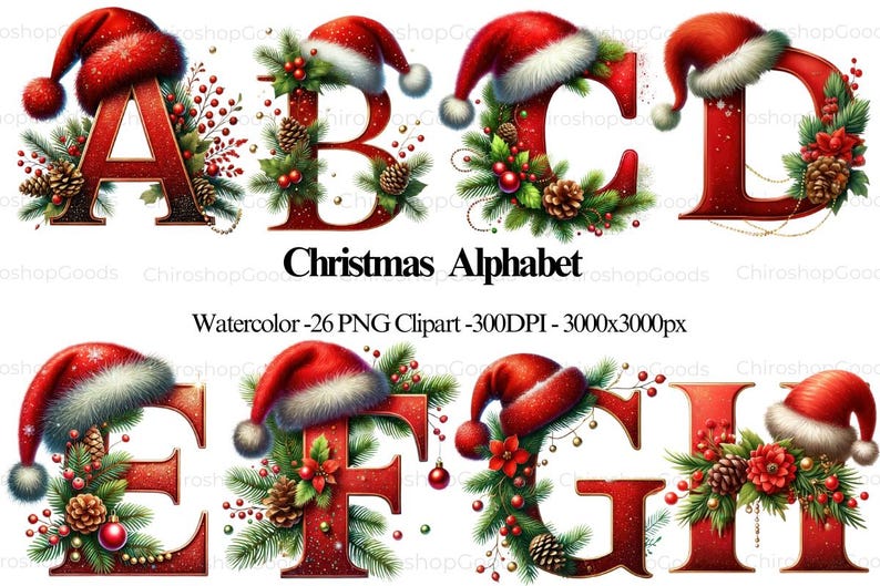 Christmas Alphabet A-Z, Letters, Watercolor, PNG, Clipart, Alphabet ...