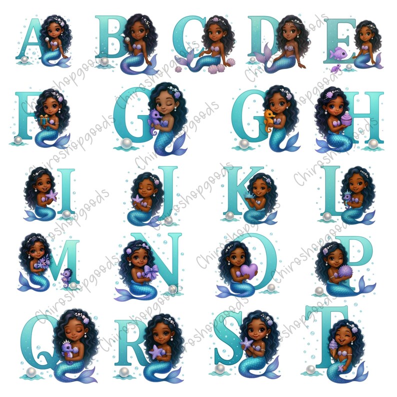 Mermaid Alphabet Clipart PNG: Black Mermaid Letters A-Z, Under the Sea ...