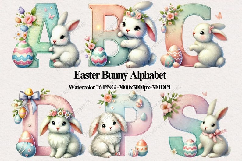 Easter Bunny Alphabet PNG, Watercolor Rabbit Letters, Cute Pastel ...